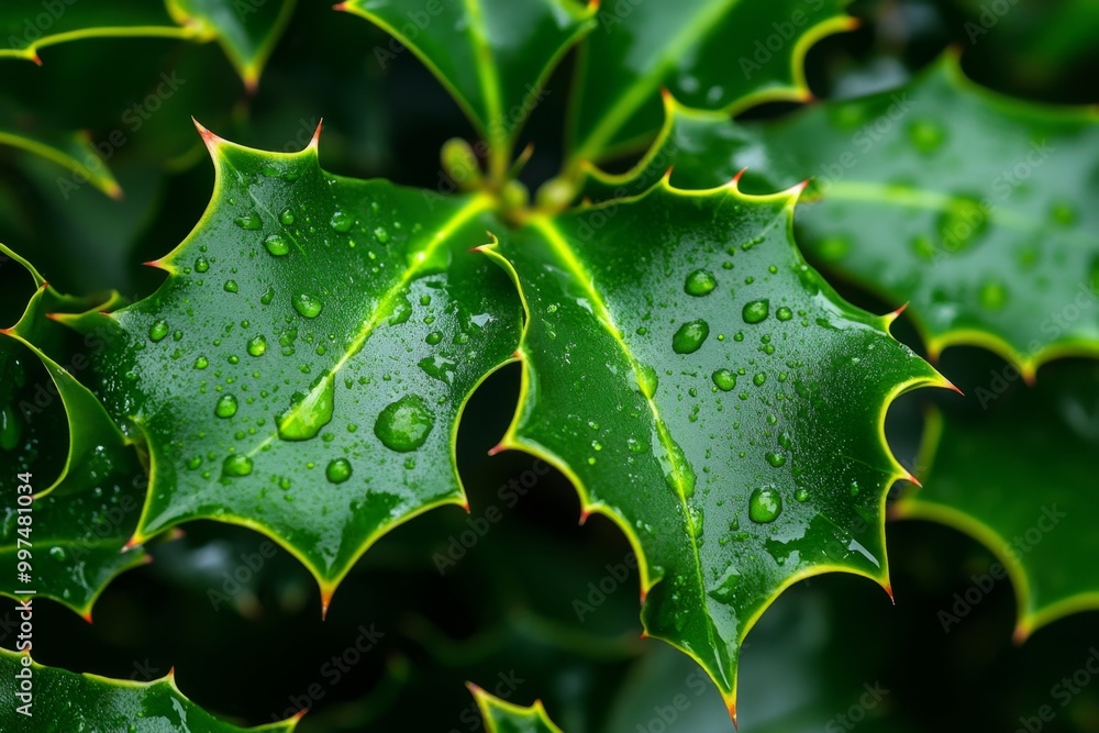 Realistic close-up of Mahonia aquifolium leaves, with sharp, spiny ...