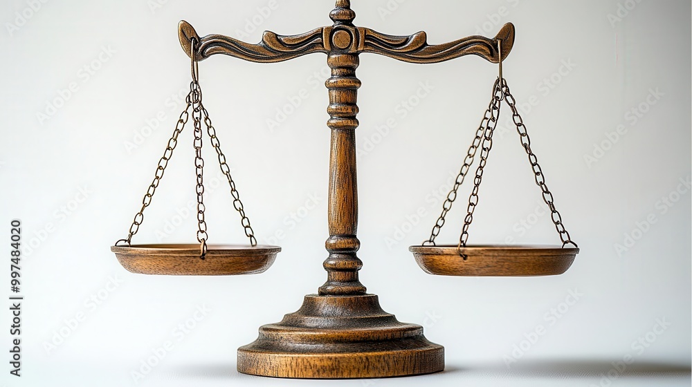 judicial scales elegantly positioned on a stark white background ...