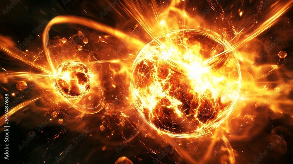 Glowing plasma spheres representing nuclear fusion reactions with ...