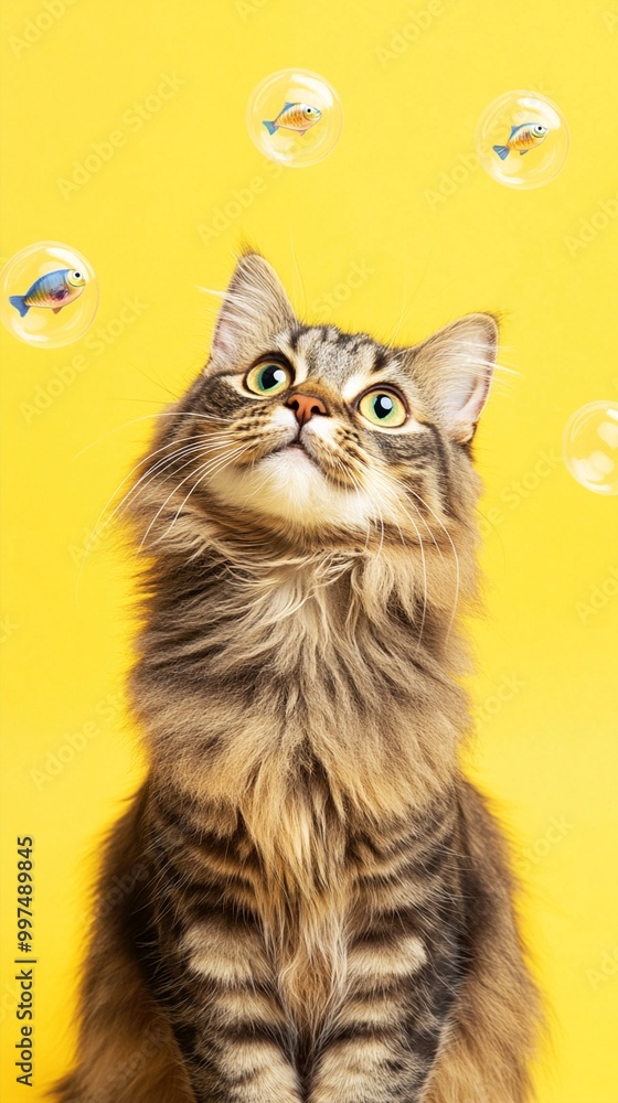 Curious tabby cat gazing upward at floating fish bubbles against ...