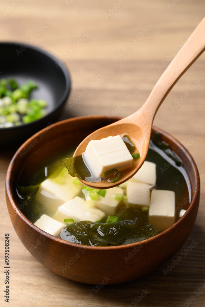 Miso soup with tofu, wakame seaweed and spring onion, Traditional Japanese soup Stock Photo ...