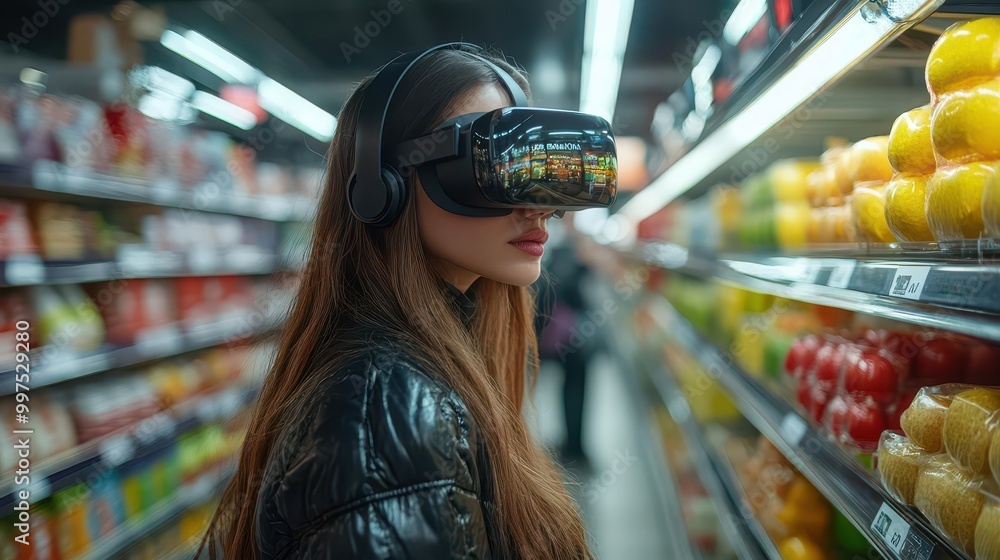 woman wearing virtual reality headset in a supermarket interacting with ...