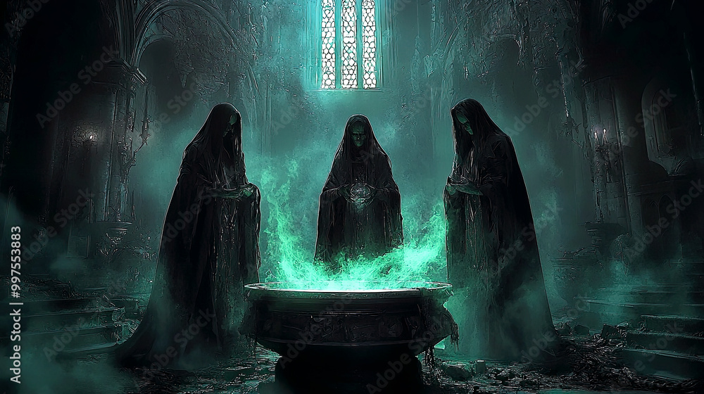 Trio of wizards witches standing around a glowing green cauldron in a ...