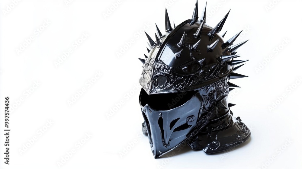 A detailed black spiked helmet designed for a bold and fierce look ...
