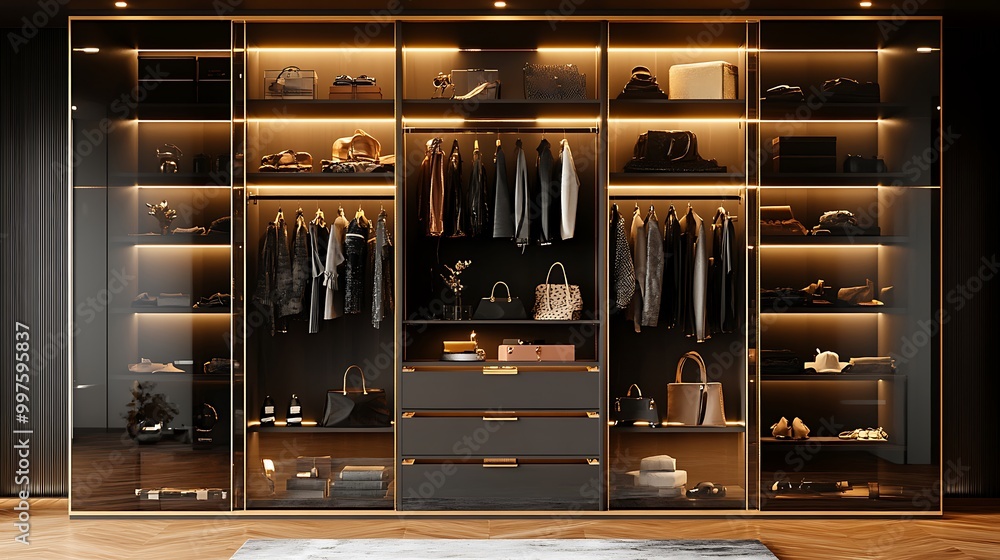 Black and Gold Luxury Wardrobe with Floating Shelves A bold black and ...