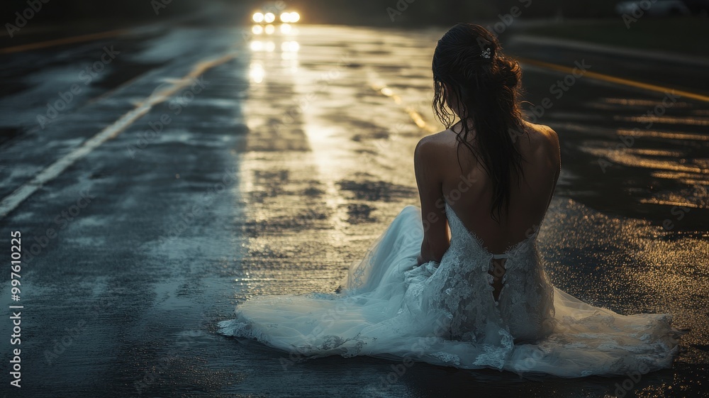 Sad beautiful Young bride sitting on street in wedding day,crying with ...