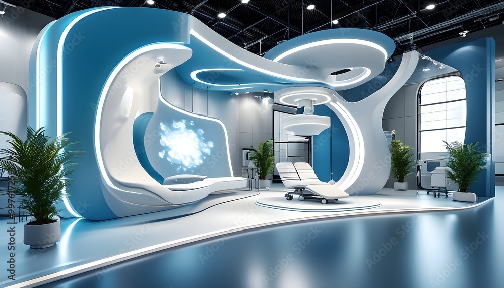 Innovative Medical Exhibition Booth with Curved Blue and White Design ...