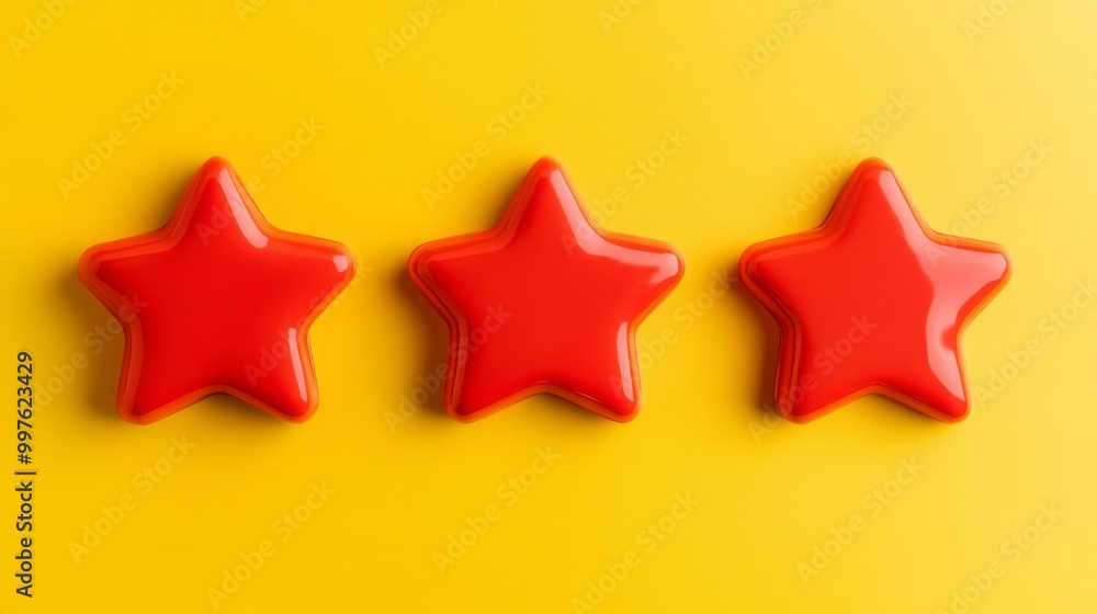 Three red, star-shaped objects are displayed on a yellow surface. The ...
