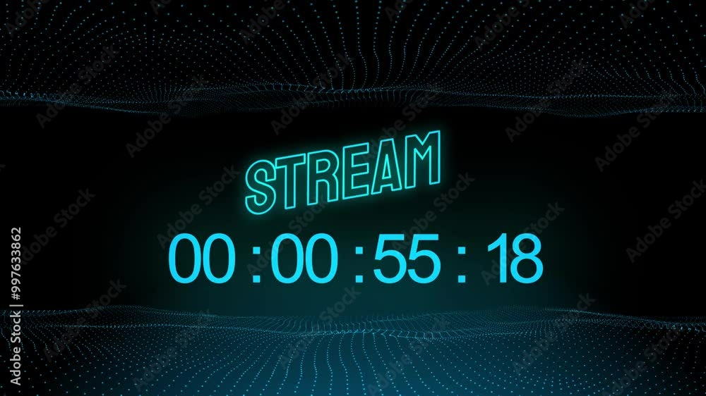 Neon blue countdown timer on a dark, dotted wave background, “STREAM”. Stock Video | Adobe Stock