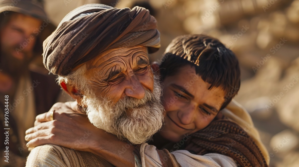 Parable of the prodigal son joyful father embracing his returning son ...