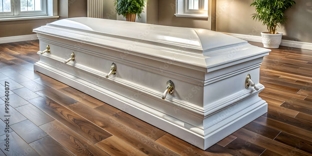 Wooden coffin covered with white acrylic in the funeral parlor, funeral ...