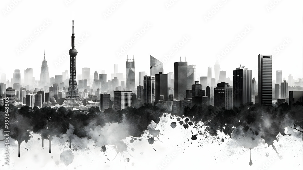 Dynamic black and white of Tokyo skyline with ink splatters , urban ...