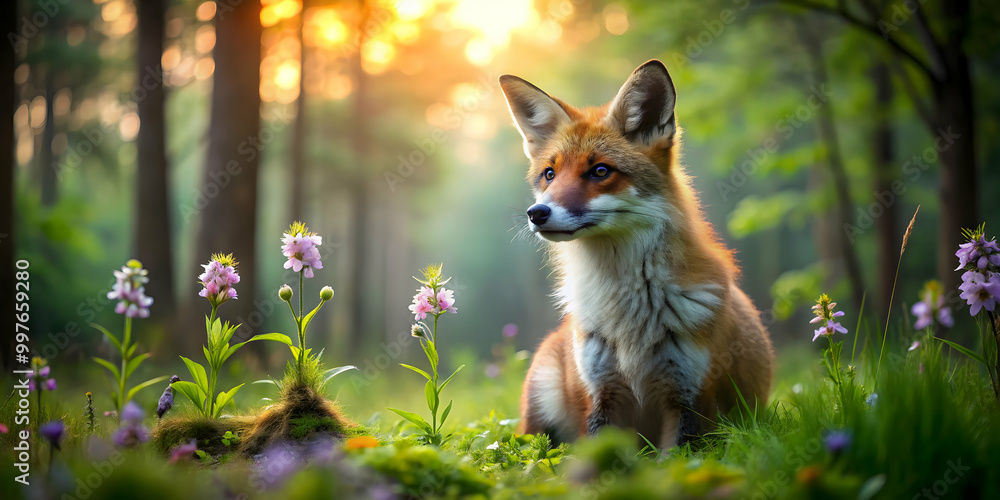 Beautiful photo of a flower and a fox in a peaceful forest setting ...