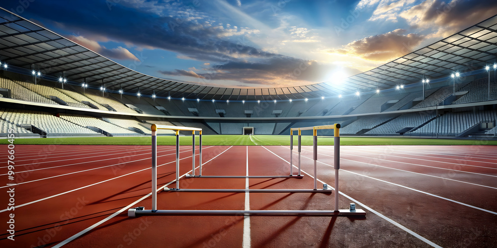Athletic track with hurdles and stadium in the background, Athletics ...