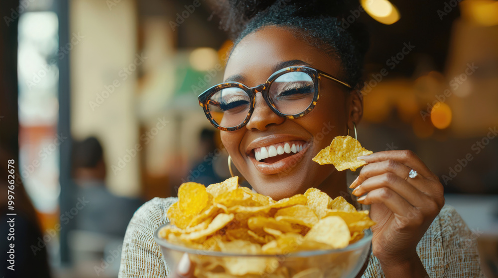 A delicious snack. A black woman with glasses eats potato chips and ...