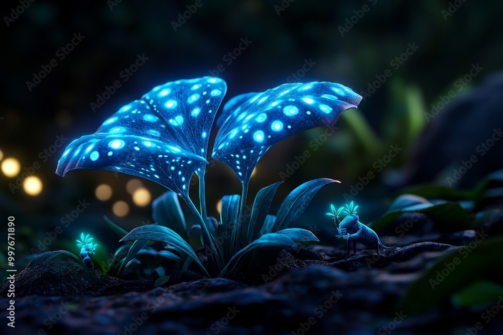 Fantasy biofuel forest, where mythical creatures harvest glowing plants ...