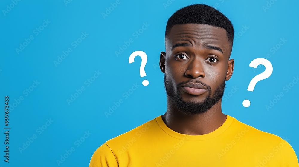 Young man with confused expression looking at the camera. He is wearing ...