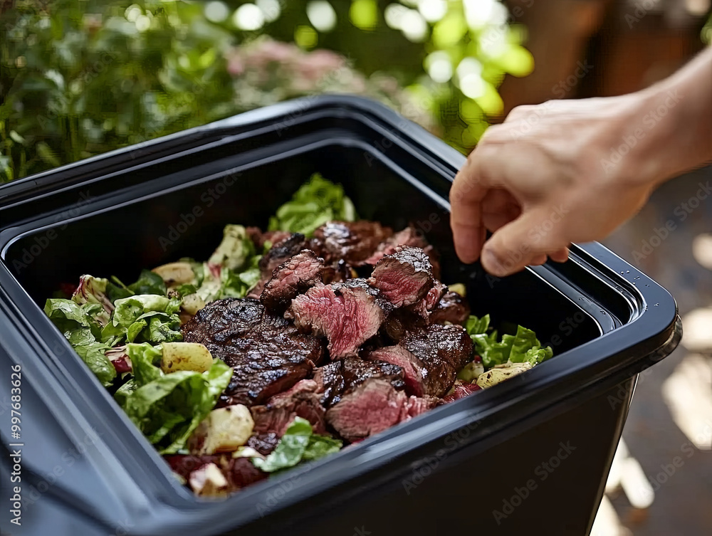Discarding leftover steak and salad, person is seen placing food waste ...