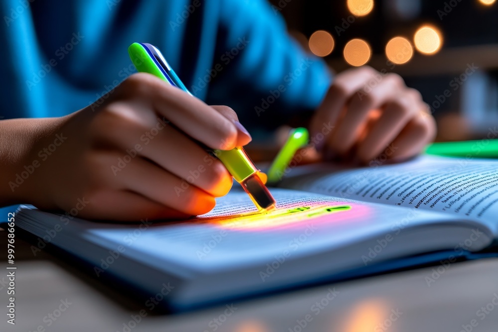 Foto de Student using a highlighter to identify key points in a reading ...