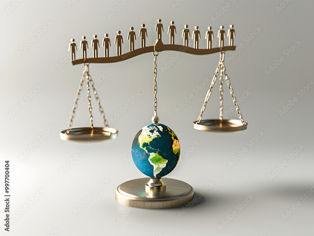 minimalist 3D graphic of balance scale featuring globe at center ...