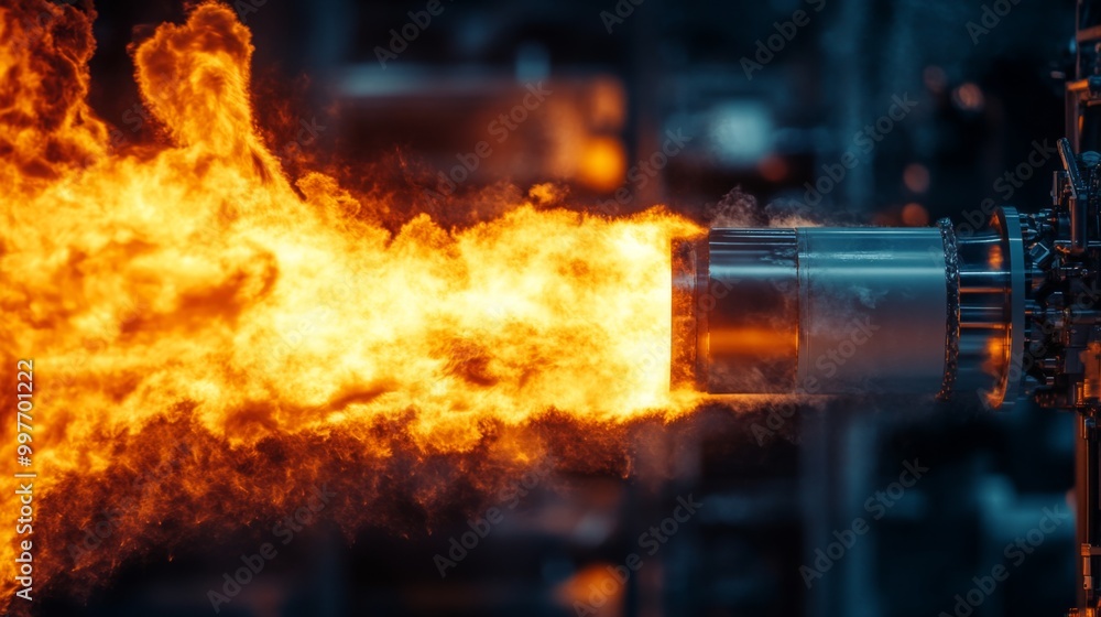 A metal rocket engine with a nozzle pointed to the right is firing ...