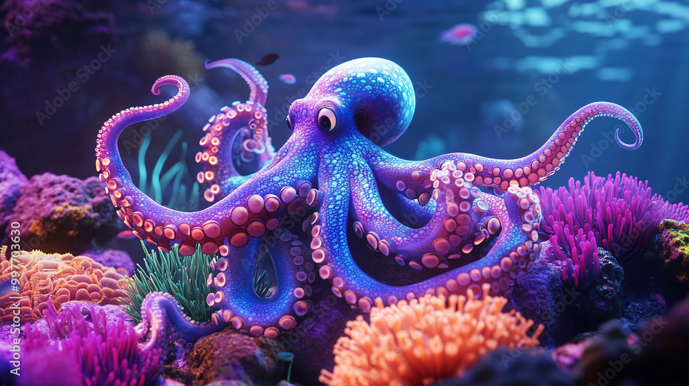 World Octopus Day. Octopus in the sea. Cute octopus in an underwater ...