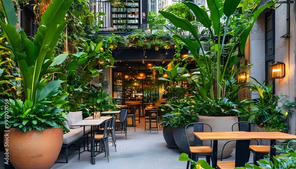 urban-inspired outdoor cafe with towering plants, vibrant green foliage ...