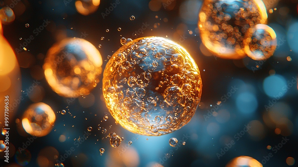 Skin cells forming a dome shape, with golden bubbles floating freely ...