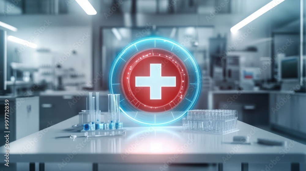 A modern flyer design featuring a blue health science laboratory ...