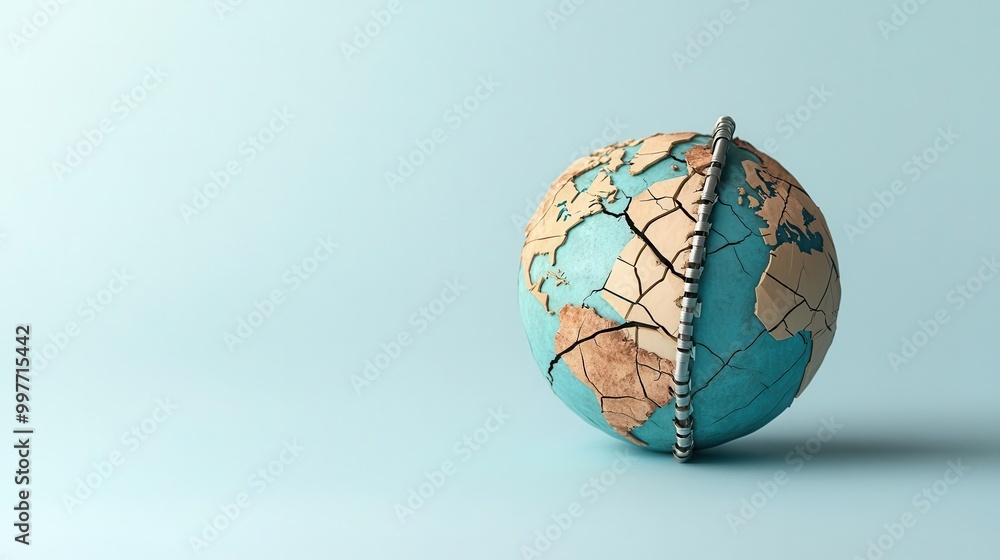 Global economy symbolized by a cracked earth globe split by a steel ...