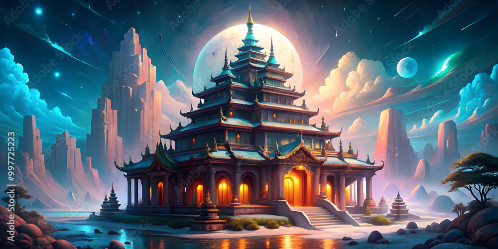 Surreal temple against moonlit sky in fantasy pixel art style with ...