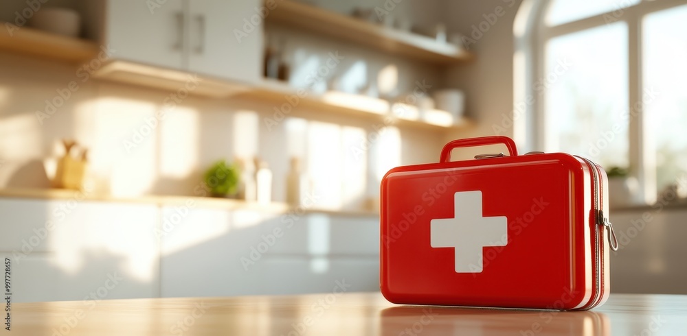 Red first aid kit sits on a kitchen table in a modern home interior ...