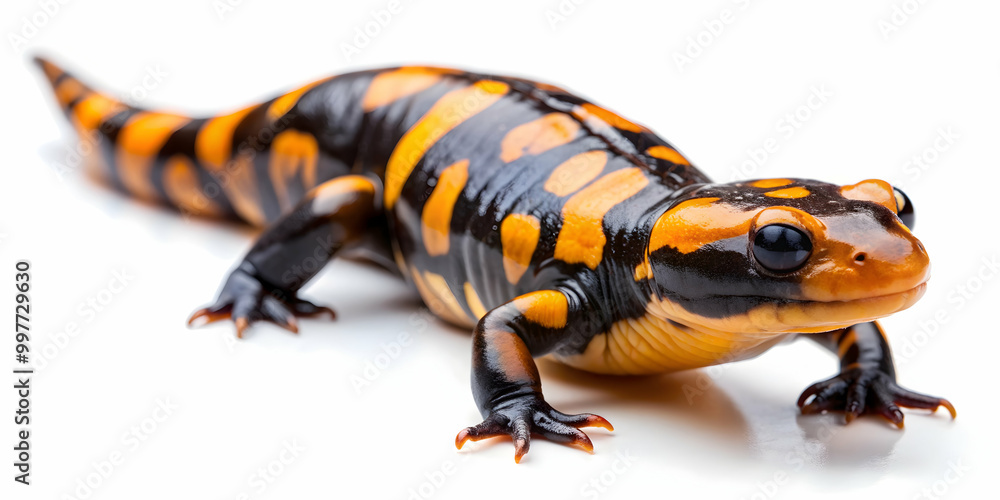 Barred tiger salamander with curled orange and black body standing on ...