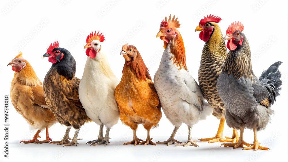 Chickens of different breeds lined up in a row on a white background ...