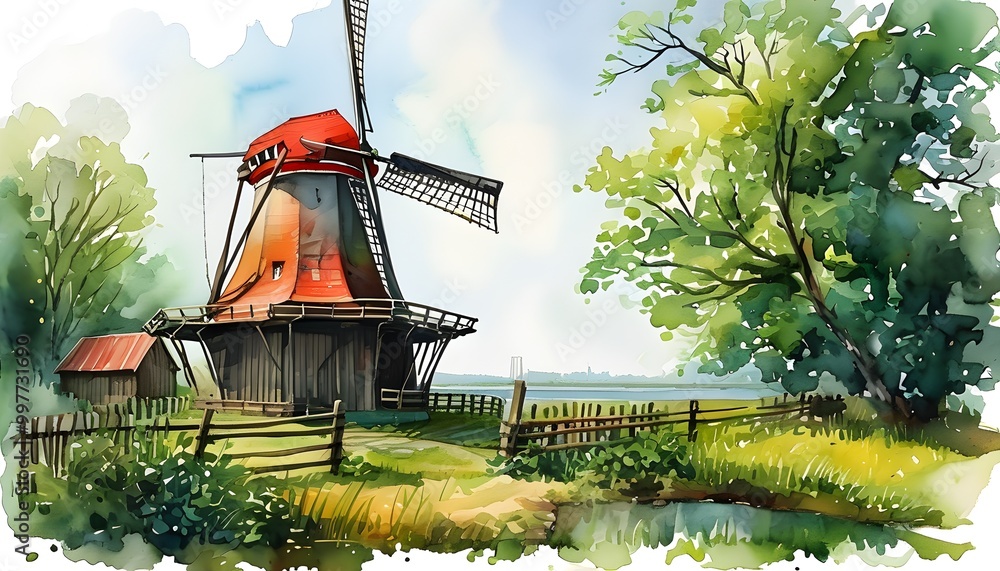 Charming watercolor depiction of a windmill with a red roof embraced by ...
