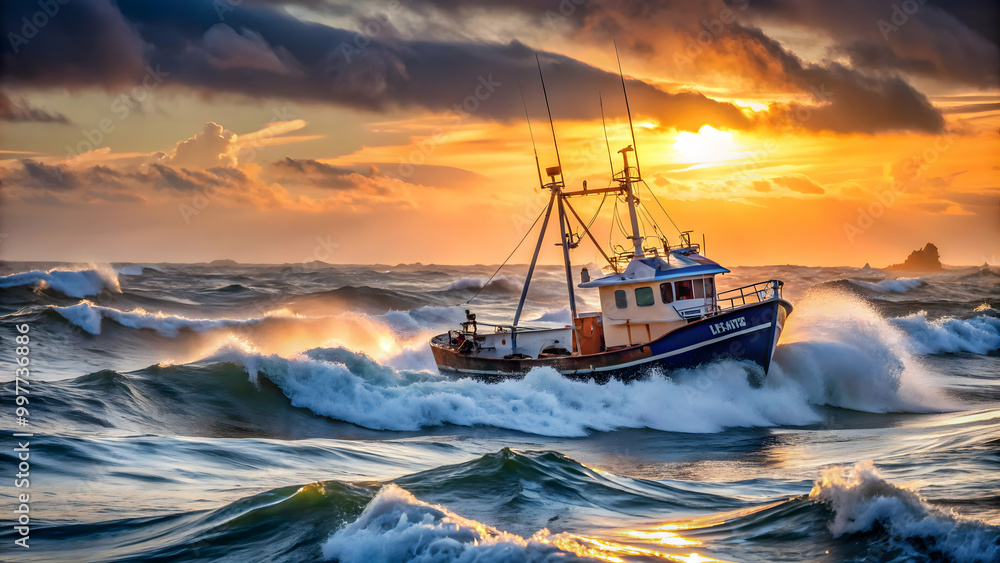 Fishing boat battling rough seas at dawn, fishing, boat, rough seas, ocean, waves, sunrise, dawn ...