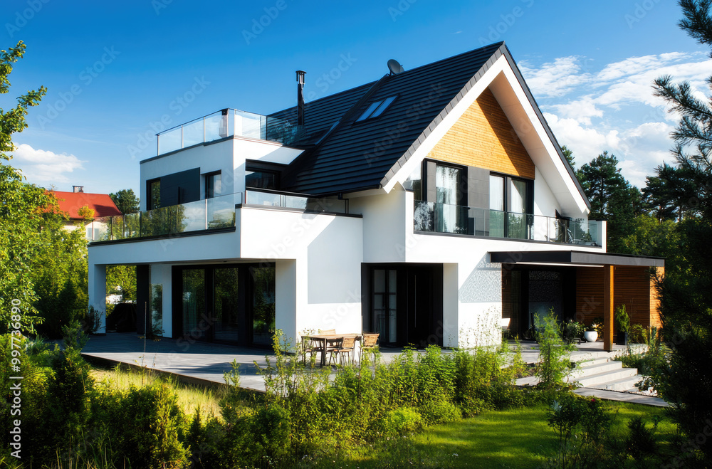 Modern family house with white walls and black roof, front view ...