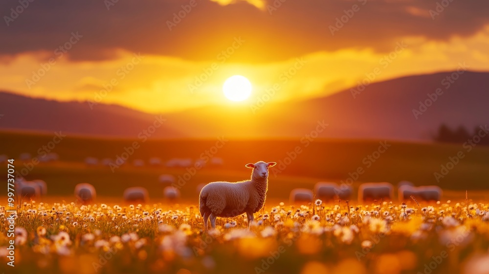 A single sheep stands in a field of daisies as the sun sets behind it ...