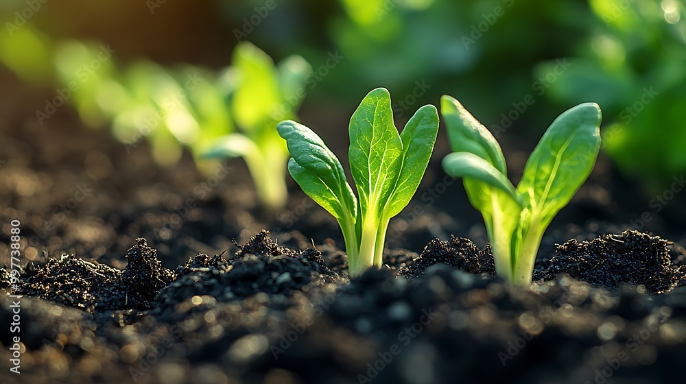Fresh green sprouts pushing through dark soil, bathed in warm sunlight ...
