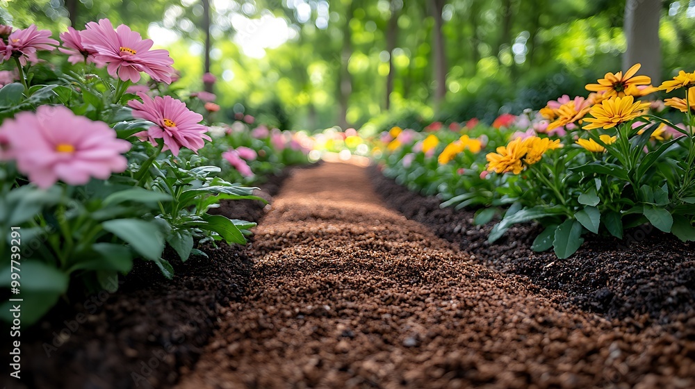 Fresh mulch being gently raked into place around thriving flower beds ...