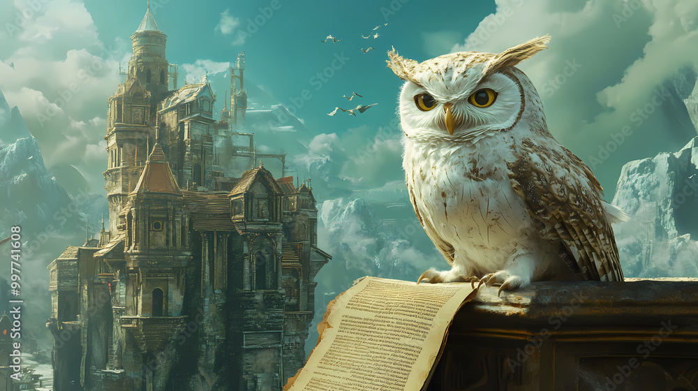 An owl wizard in a tower with ancient scrolls. outside building is a ...