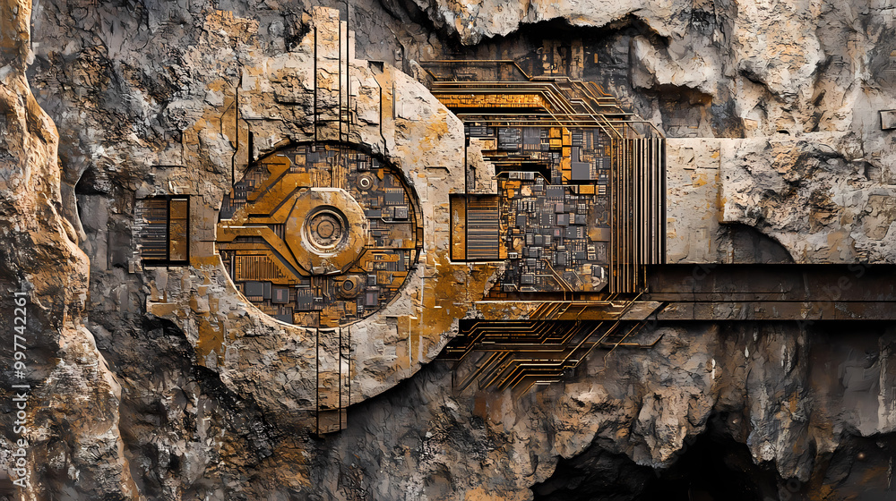 Ancient cave paintings on weathered stone walls depict alien technology ...