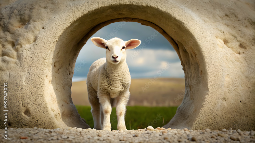 Lamb looks curiously into the empty tomb, Lamb, animals, curious, empty ...
