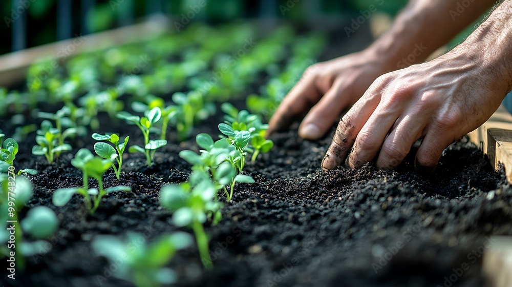 Hands smoothing soil in a raised garden bed, preparing the rich earth ...