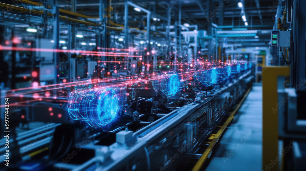 image showcases modern manufacturing facility with IoT devices ...