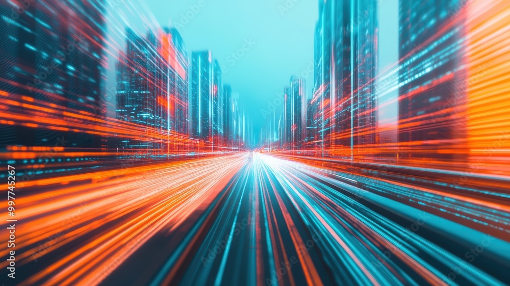 Dynamic cityscape with vibrant light trails, showcasing the energy of ...