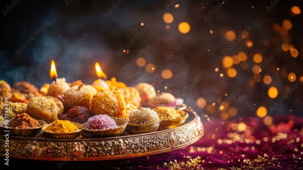 Golden thali with traditional mithai (sweets), resting on a burgundy ...