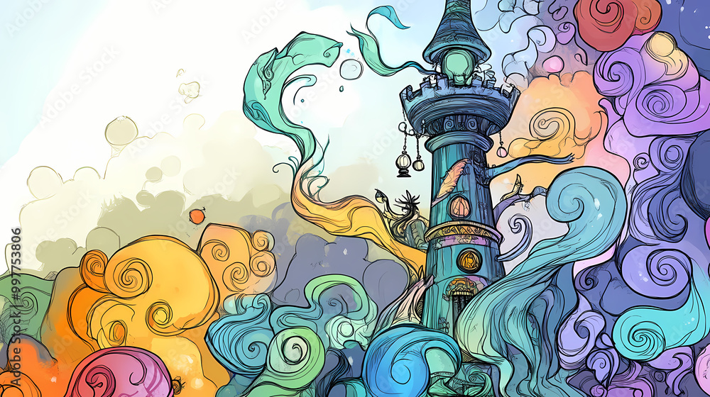 Fantasy wizard tower, enchanting wizards tower encircled by swirling ...