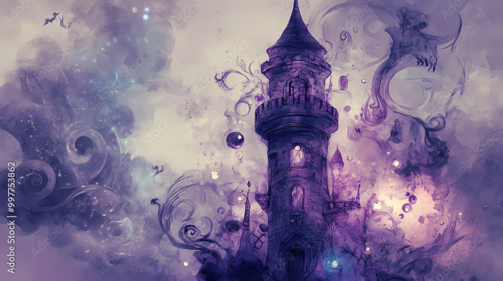 Fantasy wizard tower, enchanting wizards tower encircled by swirling ...