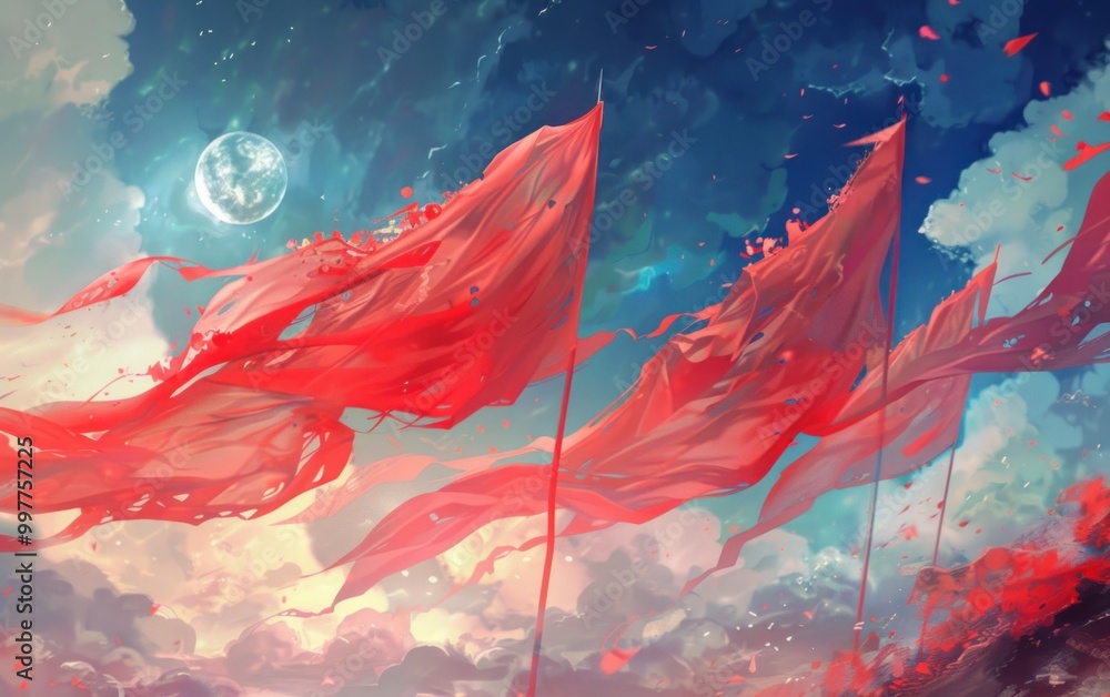 Red flags waving in the wind under a vibrant sky and full moon. Concept ...